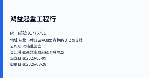 鴻益起重工程行的照片-統編 91776781(新北市) 公司登記資料與營業項目詳細圖表
