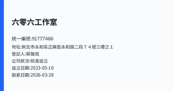 六零六工作室的照片-統編 91777466(新北市) 公司登記資料與營業項目詳細圖表