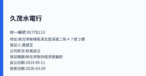 久茂水電行的照片-統編 91778113(新北市) 公司登記資料與營業項目詳細圖表