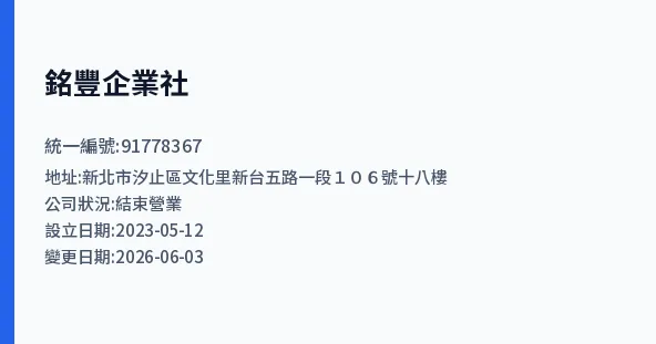 銘豐企業社的照片-統編 91778367(新北市) 公司登記資料與營業項目詳細圖表