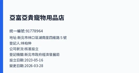 亞富亞貴寵物用品店的照片-統編 91778964(新北市) 公司登記資料與營業項目詳細圖表