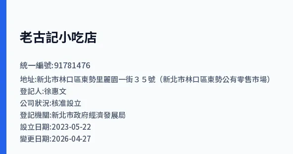 老古記小吃店的照片-統編 91781476(新北市) 公司登記資料與營業項目詳細圖表