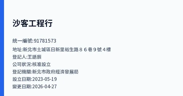 沙客工程行的照片-統編 91781573(新北市) 公司登記資料與營業項目詳細圖表