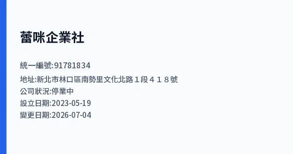 蕾咪企業社的照片-統編 91781834(新北市) 公司登記資料與營業項目詳細圖表