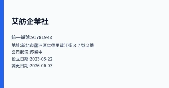 艾舫企業社的照片-統編 91781948(新北市) 公司登記資料與營業項目詳細圖表