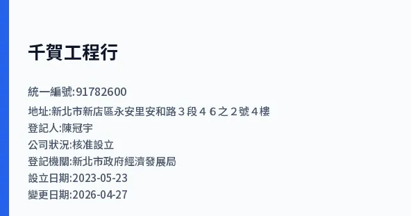 千賀工程行的照片-統編 91782600(新北市) 公司登記資料與營業項目詳細圖表
