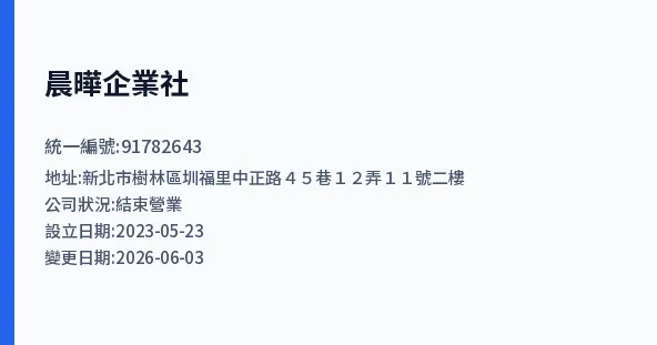 晨曄企業社的照片-統編 91782643(新北市) 公司登記資料與營業項目詳細圖表