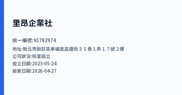 里昂企業社的照片-統編 91782974(新北市) 公司登記資料與營業項目詳細圖表