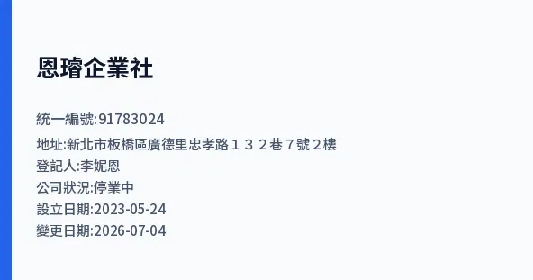 恩璿企業社的照片-統編 91783024(新北市) 公司登記資料與營業項目詳細圖表