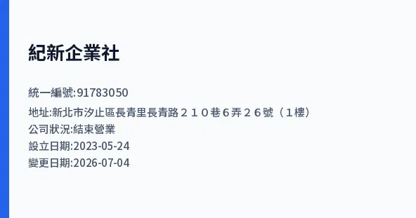 紀新企業社的照片-統編 91783050(新北市) 公司登記資料與營業項目詳細圖表