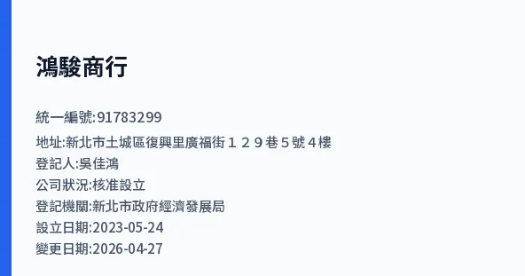 鴻駿商行的照片-統編 91783299(新北市) 公司登記資料與營業項目詳細圖表