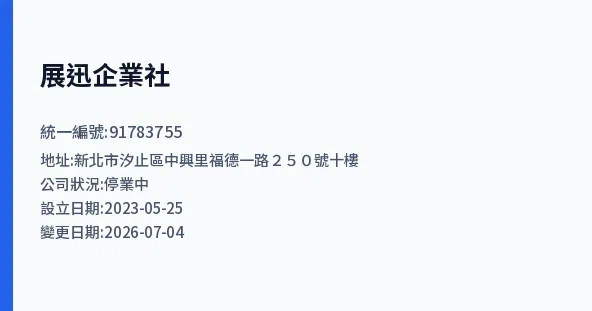展迅企業社的照片-統編 91783755(新北市) 公司登記資料與營業項目詳細圖表