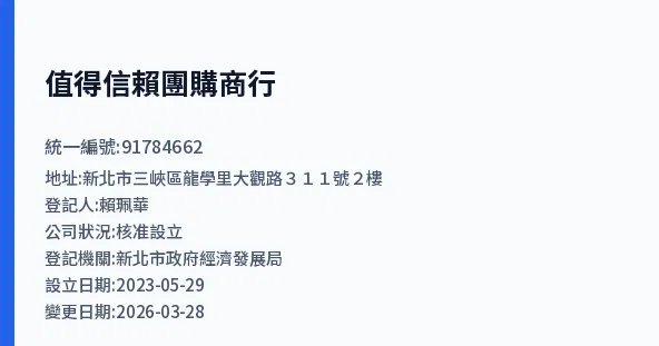 值得信賴團購商行的照片-統編 91784662(新北市) 公司登記資料與營業項目詳細圖表