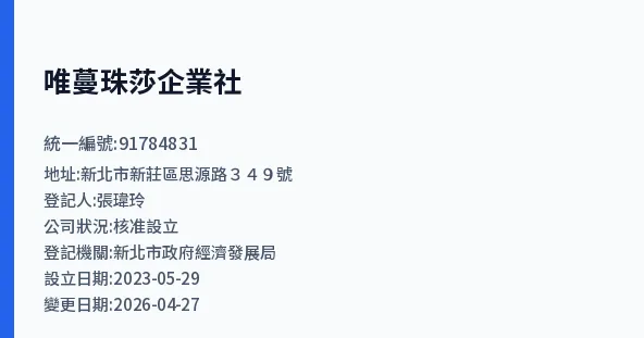 唯蔓珠莎企業社的照片-統編 91784831(新北市) 公司登記資料與營業項目詳細圖表