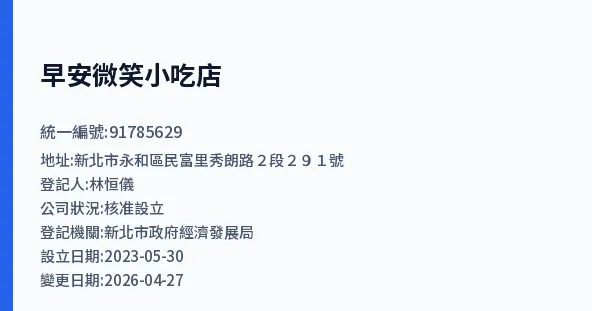 早安微笑小吃店的照片-統編 91785629(新北市) 公司登記資料與營業項目詳細圖表