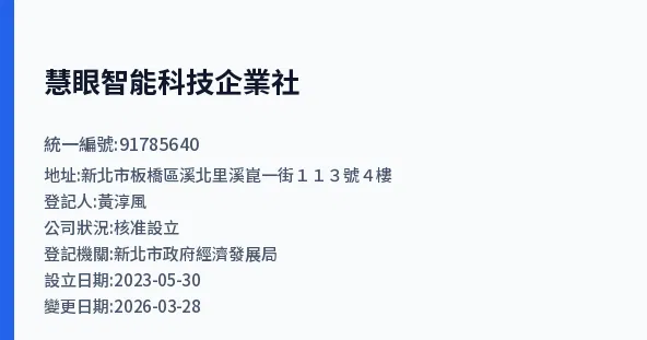 慧眼智能科技企業社的照片-統編 91785640(新北市) 公司登記資料與營業項目詳細圖表