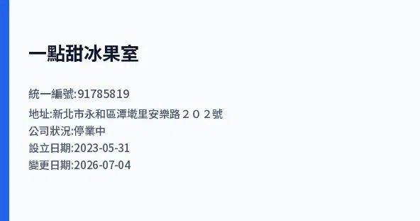 一點甜冰果室的照片-統編 91785819(新北市) 公司登記資料與營業項目詳細圖表