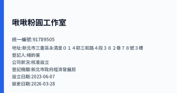 啾啾粉圓工作室的照片-統編 91789505(新北市) 公司登記資料與營業項目詳細圖表