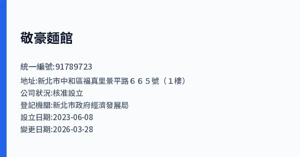 敬豪麵館的照片-統編 91789723(新北市) 公司登記資料與營業項目詳細圖表