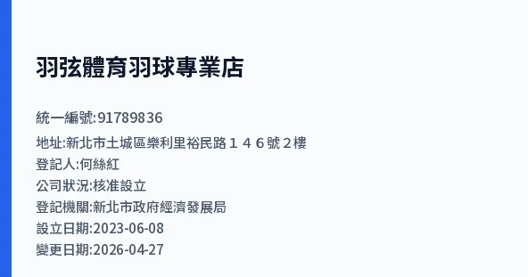 羽弦體育羽球專業店的照片-統編 91789836(新北市) 公司登記資料與營業項目詳細圖表