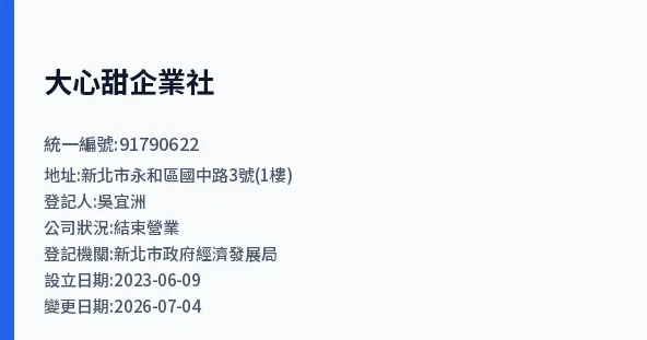 大心甜企業社的照片-統編 91790622(新北市) 公司登記資料與營業項目詳細圖表