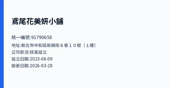 鳶尾花美妍小舖的照片-統編 91790658(新北市) 公司登記資料與營業項目詳細圖表
