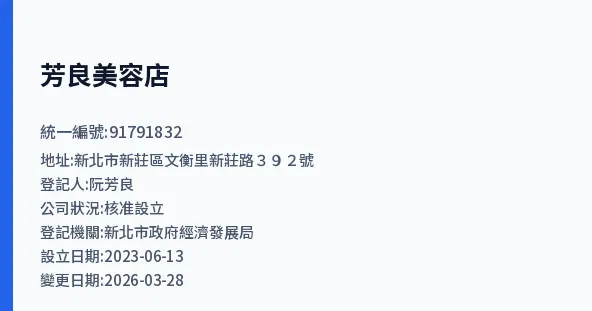 芳良美容店的照片-統編 91791832(新北市) 公司登記資料與營業項目詳細圖表