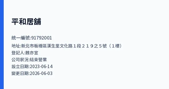 平和居舖的照片-統編 91792001(新北市) 公司登記資料與營業項目詳細圖表