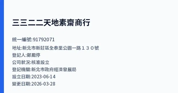 三三二二天地素齋商行的照片-統編 91792071(新北市) 公司登記資料與營業項目詳細圖表
