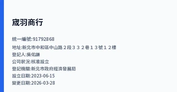 宬羽商行的照片-統編 91792868(新北市) 公司登記資料與營業項目詳細圖表