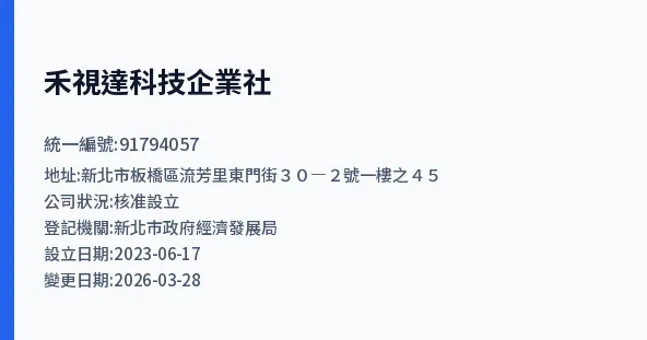 禾視達科技企業社的照片-統編 91794057(新北市) 公司登記資料與營業項目詳細圖表