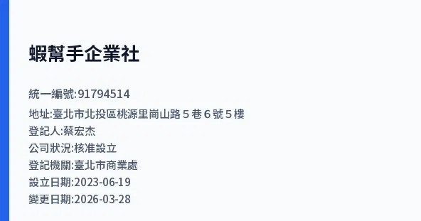 蝦幫手企業社的照片-統編 91794514(臺北市) 公司登記資料與營業項目詳細圖表