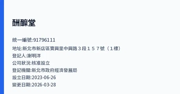 酬醾堂的照片-統編 91796111(新北市) 公司登記資料與營業項目詳細圖表