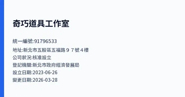 奇巧道具工作室的照片-統編 91796533(新北市) 公司登記資料與營業項目詳細圖表