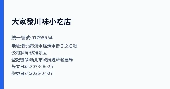 大家發川味小吃店的照片-統編 91796554(新北市) 公司登記資料與營業項目詳細圖表