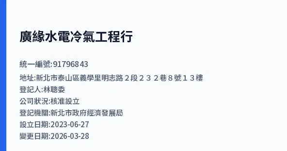 廣緣水電冷氣工程行的照片-統編 91796843(新北市) 公司登記資料與營業項目詳細圖表