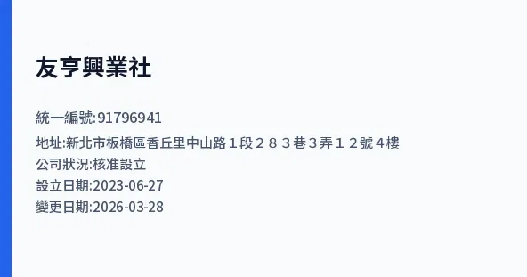 友亨興業社的照片-統編 91796941(新北市) 公司登記資料與營業項目詳細圖表