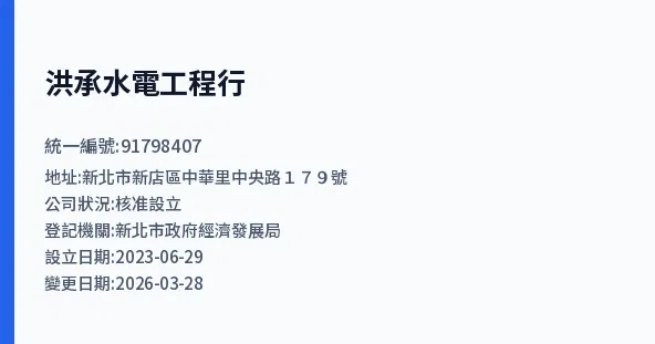 洪承水電工程行的照片-統編 91798407(新北市) 公司登記資料與營業項目詳細圖表