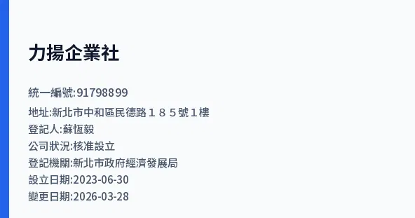 力揚企業社的照片-統編 91798899(新北市) 公司登記資料與營業項目詳細圖表