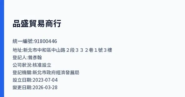 品盛貿易商行的照片-統編 91800446(新北市) 公司登記資料與營業項目詳細圖表