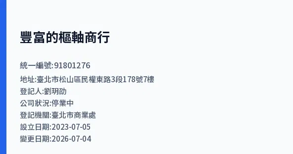 豐富的樞軸商行的照片-統編 91801276(臺北市) 公司登記資料與營業項目詳細圖表