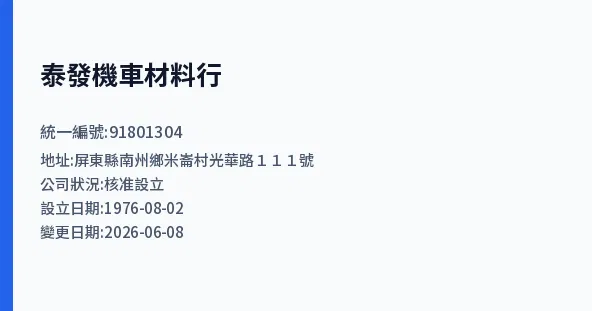 泰發機車材料行的照片-統編 91801304(屏東縣) 公司登記資料與營業項目詳細圖表