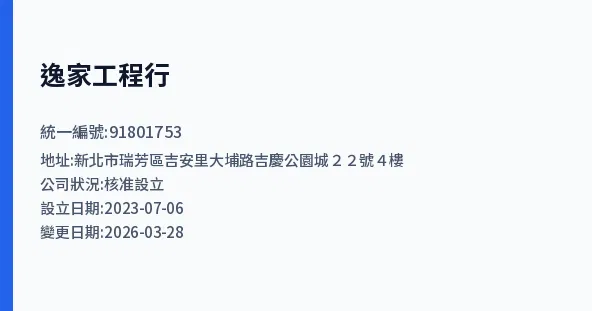 逸家工程行的照片-統編 91801753(新北市) 公司登記資料與營業項目詳細圖表