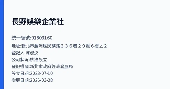 長野娛樂企業社的照片-統編 91803160(新北市) 公司登記資料與營業項目詳細圖表