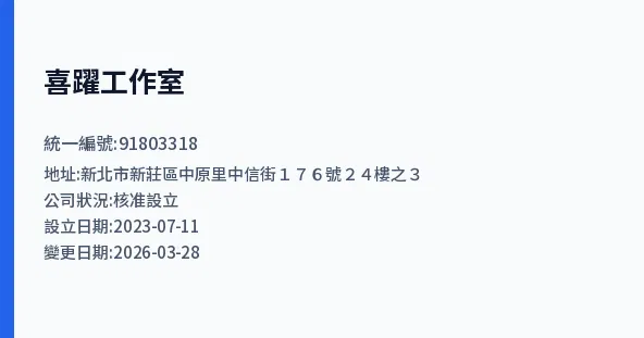 喜躍工作室的照片-統編 91803318(新北市) 公司登記資料與營業項目詳細圖表