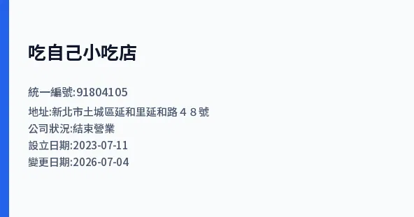 吃自己小吃店的照片-統編 91804105(新北市) 公司登記資料與營業項目詳細圖表