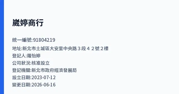 崴婷商行的照片-統編 91804219(新北市) 公司登記資料與營業項目詳細圖表