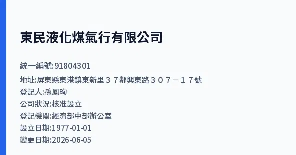 東民液化煤氣行有限公司的照片-統編 91804301(屏東縣) 公司登記資料與營業項目詳細圖表