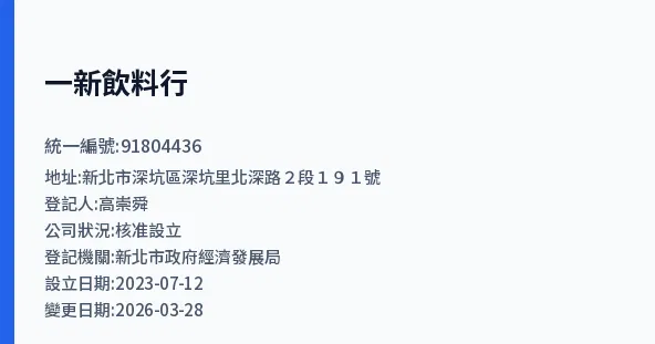一新飲料行的照片-統編 91804436(新北市) 公司登記資料與營業項目詳細圖表