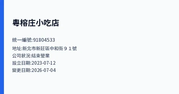 粵榕庄小吃店的照片-統編 91804533(新北市) 公司登記資料與營業項目詳細圖表